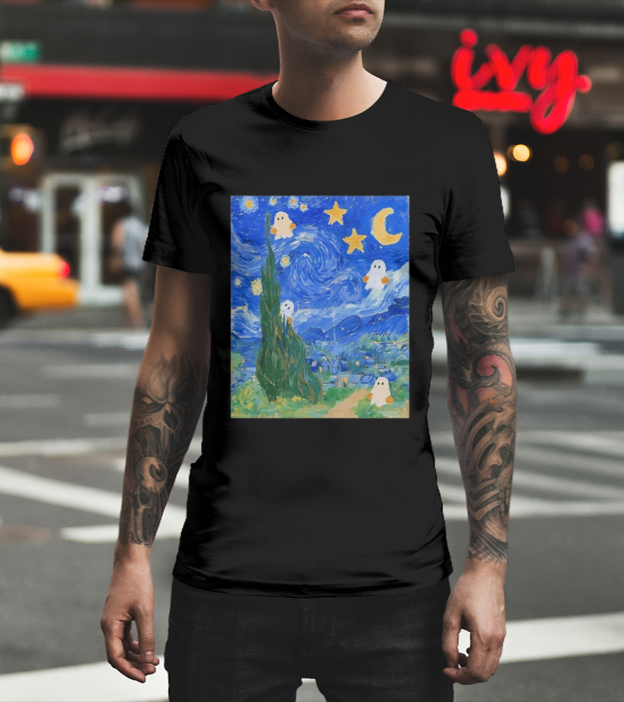 Starry Night Halloween Ghosts Vincent Van Gogh Painting T-Shirt