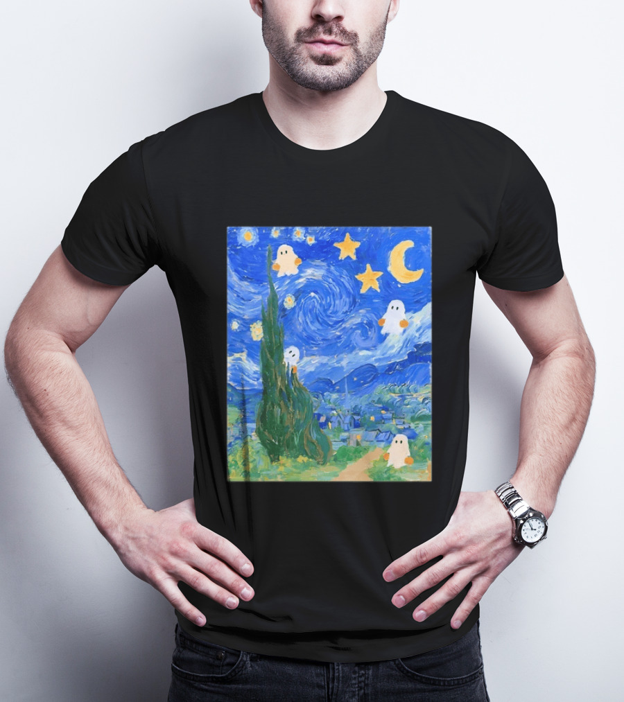 Starry Night Halloween Ghosts Vincent Van Gogh Painting T-Shirt