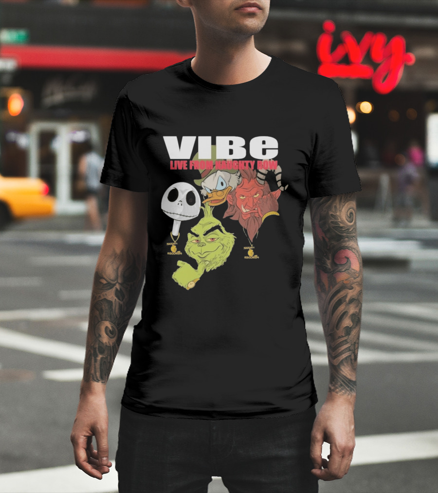 Vibe Live From Naughty Row Grinch Krampus Scrooge Jack Skellington Christmas Naughty Row Records T-Shirt