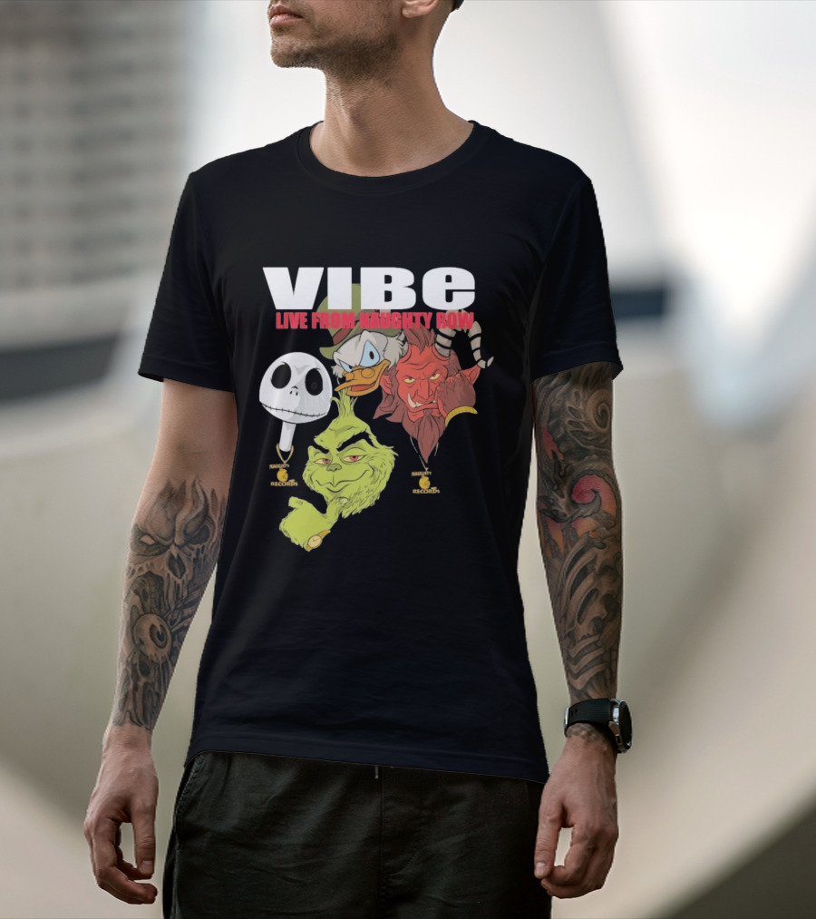 Vibe Live From Naughty Row Grinch Krampus Scrooge Jack Skellington Christmas Naughty Row Records T-Shirt