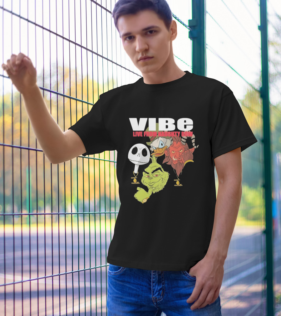 Vibe Live From Naughty Row Grinch Krampus Scrooge Jack Skellington Christmas Naughty Row Records T-Shirt