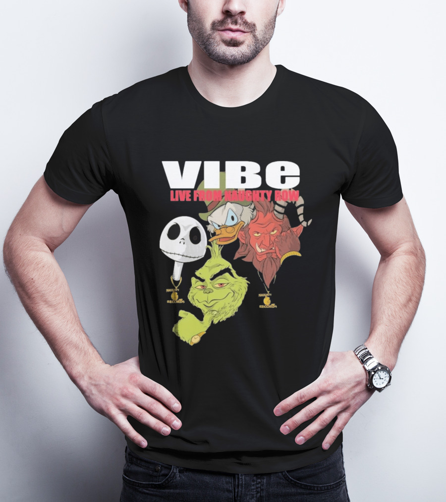 Vibe Live From Naughty Row Grinch Krampus Scrooge Jack Skellington Christmas Naughty Row Records T-Shirt