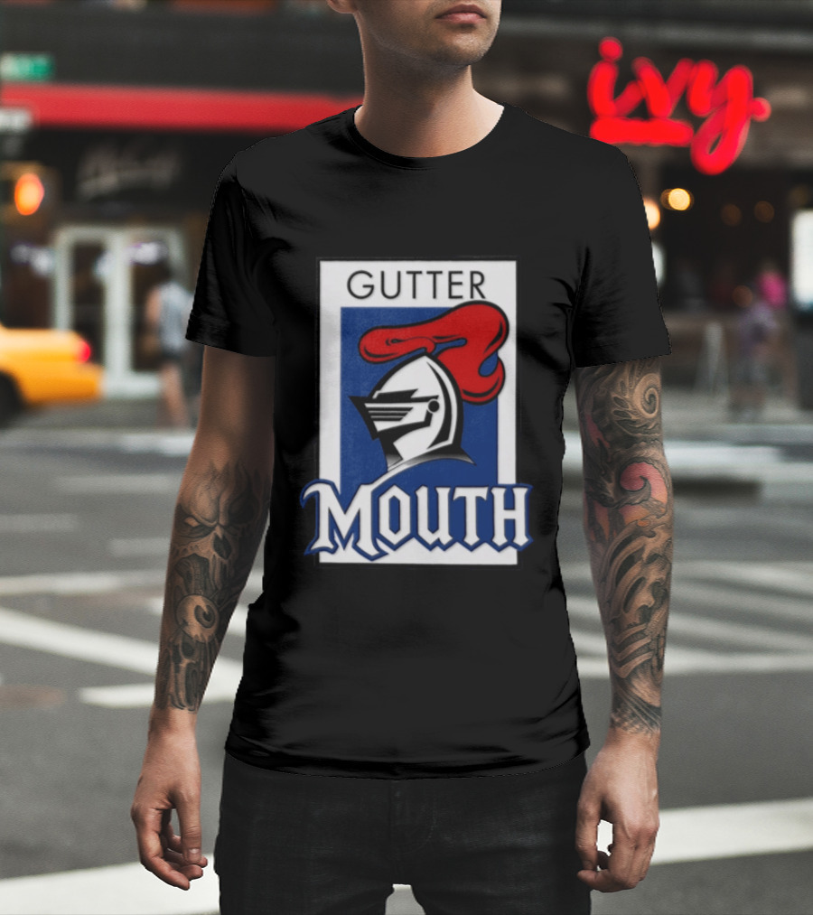 Guttermouth Newcastle Knights Collaboration Rugby League Iconic Helmet Red Blue T-Shirt