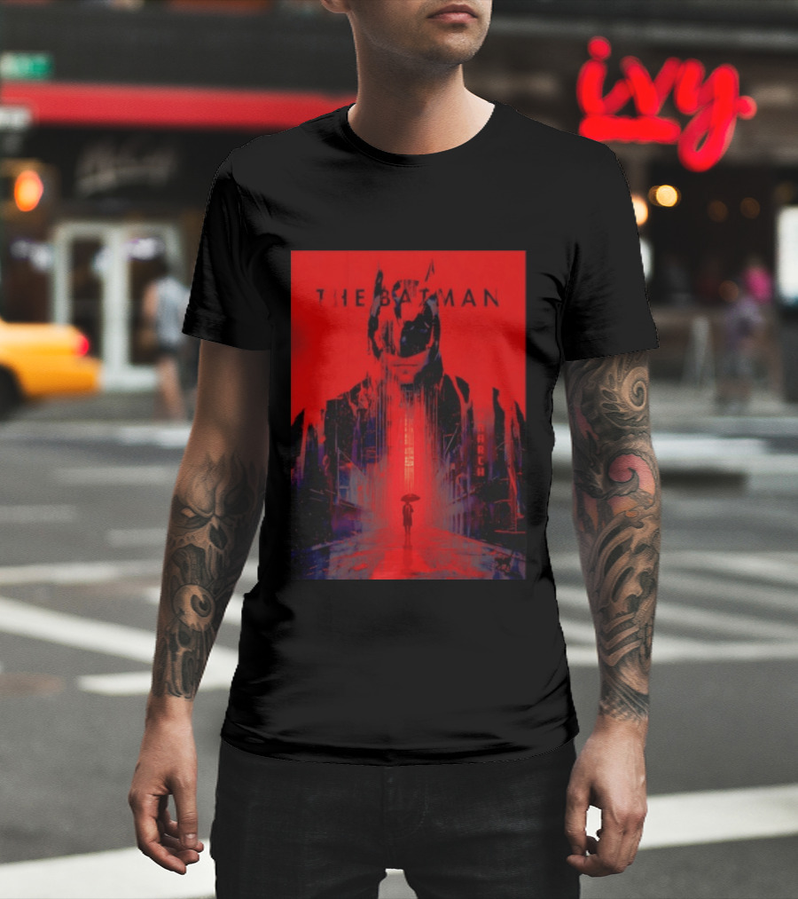 The Batman Monarch March Red Background Iconic Gotham Scene T-Shirt