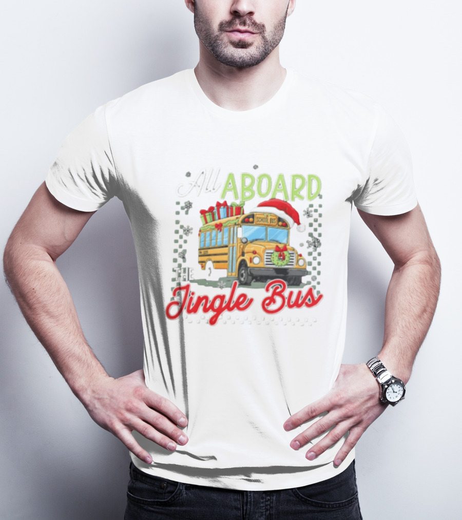 All Aboard The Jingle Bus Christmas Yellow School Bus Santa Hat Gifts Snowflakes Wreath T-Shirt