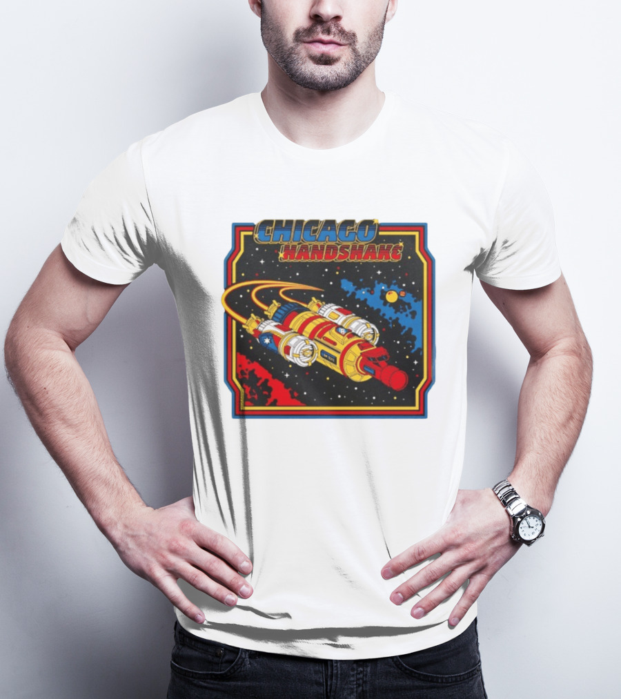 Chicago Handshake Spaceship Malort Old Lager Retro Sci Fi Space Adventure T-Shirt
