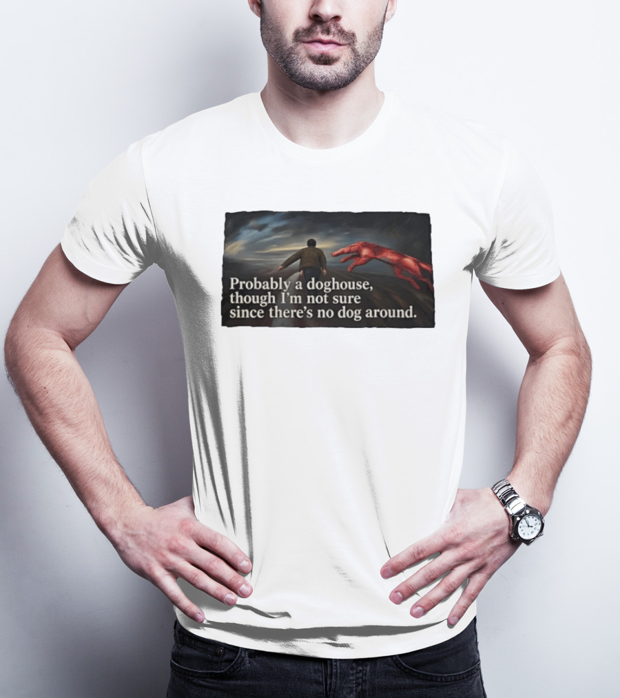 Probably A Doghouse Though I'm Not Sure Since There's No Dog Around Surreal Landscape With Figure And Red Creature T-Shirt