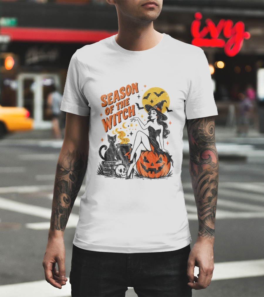 Season Of The Witch Halloween Spooky Season Full Moon Pumpkin Black Cat Bat T-Shirt