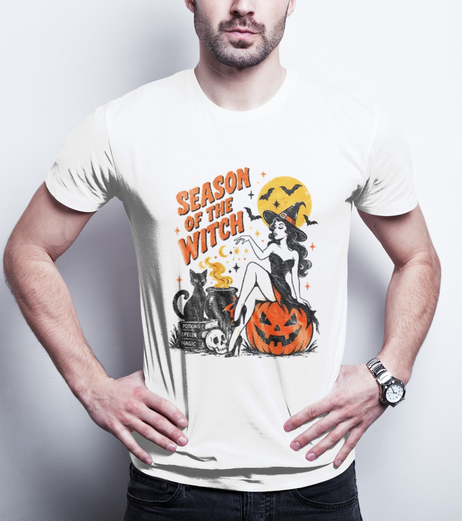 Season Of The Witch Halloween Spooky Season Full Moon Pumpkin Black Cat Bat T-Shirt