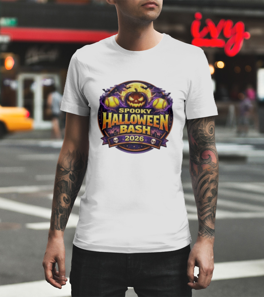 Spooky Halloween Bash 2026 Pumpkin Moonlit Baseball Skulls T-Shirt