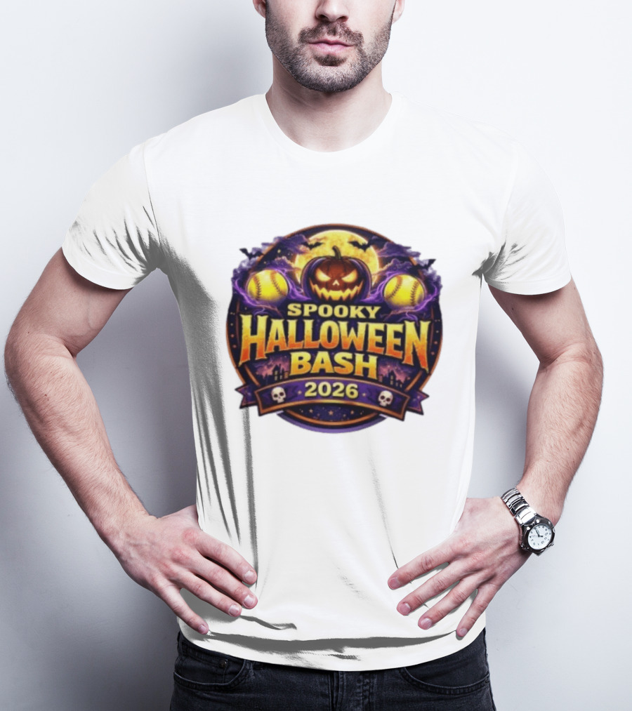 Spooky Halloween Bash 2026 Pumpkin Moonlit Baseball Skulls T-Shirt