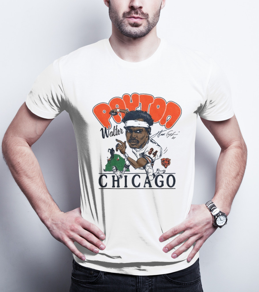 Walter Payton Chicago Bears 34 Caricature Player Signature Drawing T-Shirt