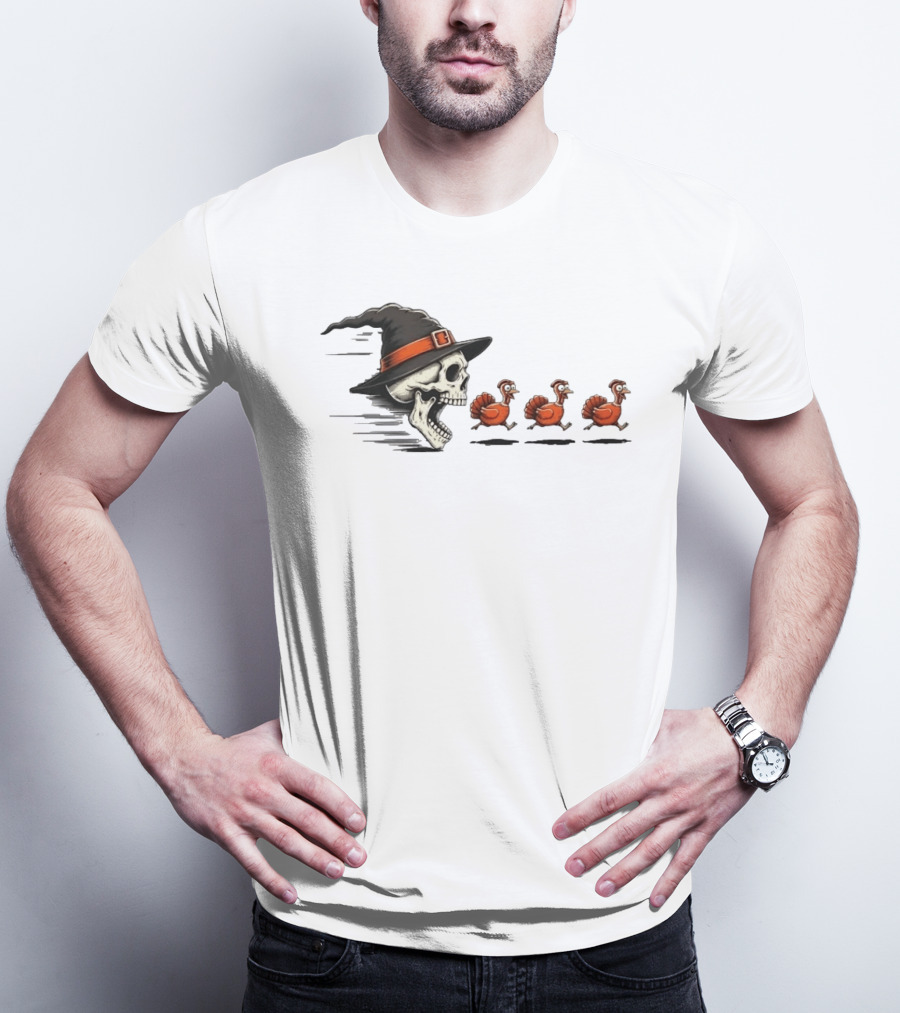Witch Skull Chasing Turkeys Thanksgiving Humor T-Shirt