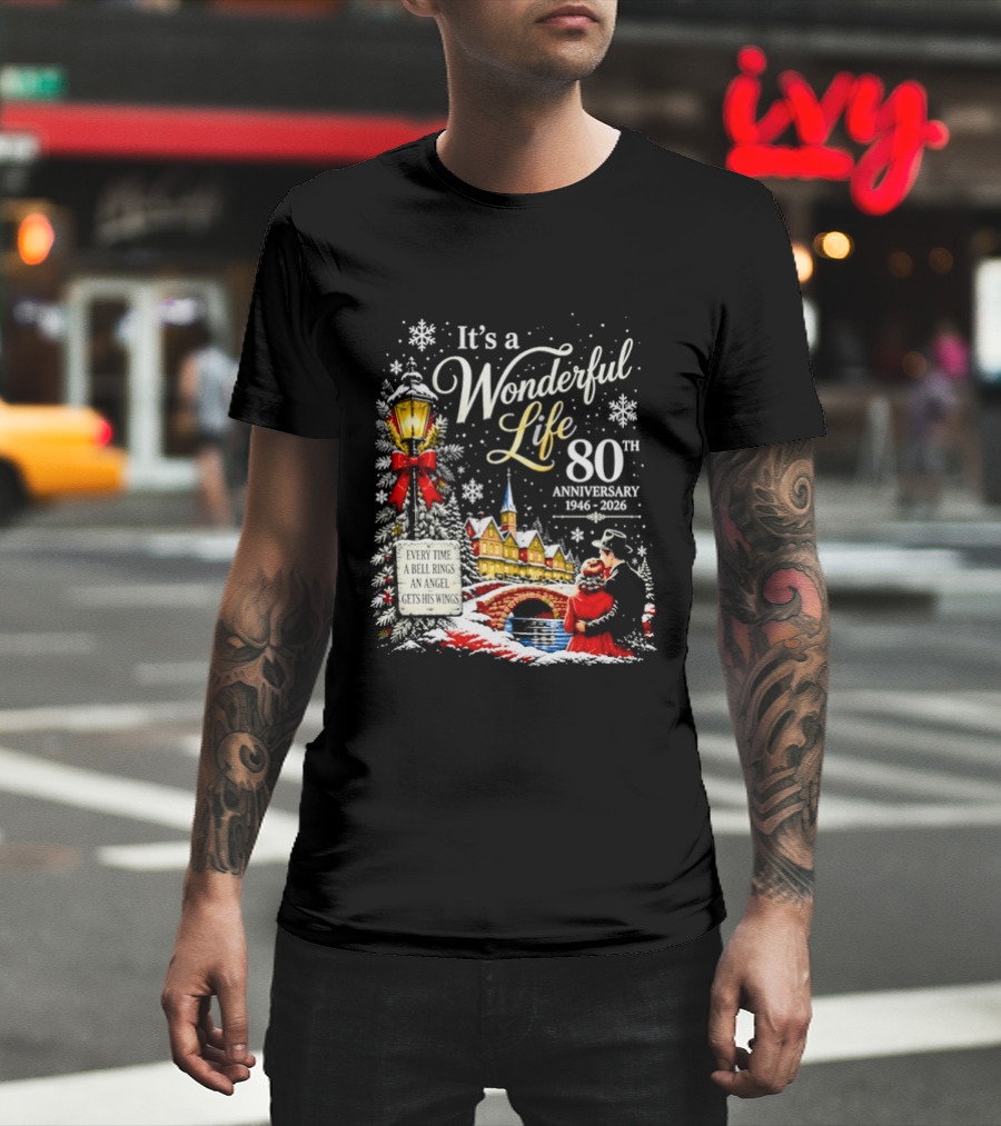 It's A Wonderful Life 80th Anniversary 1946 2026 Christmas Village Scene Snowflakes Lantern T-Shirt
