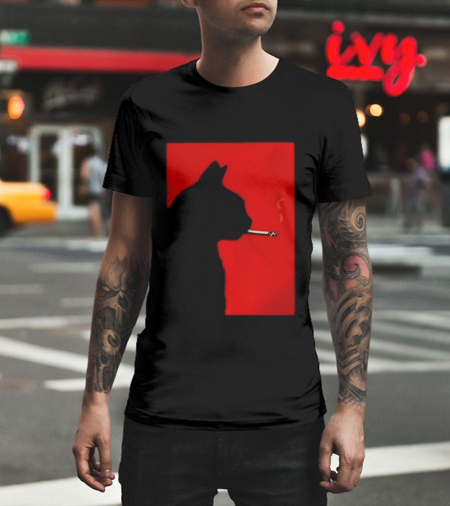 Black Cat Silhouette With Cigarette On Red T-Shirt
