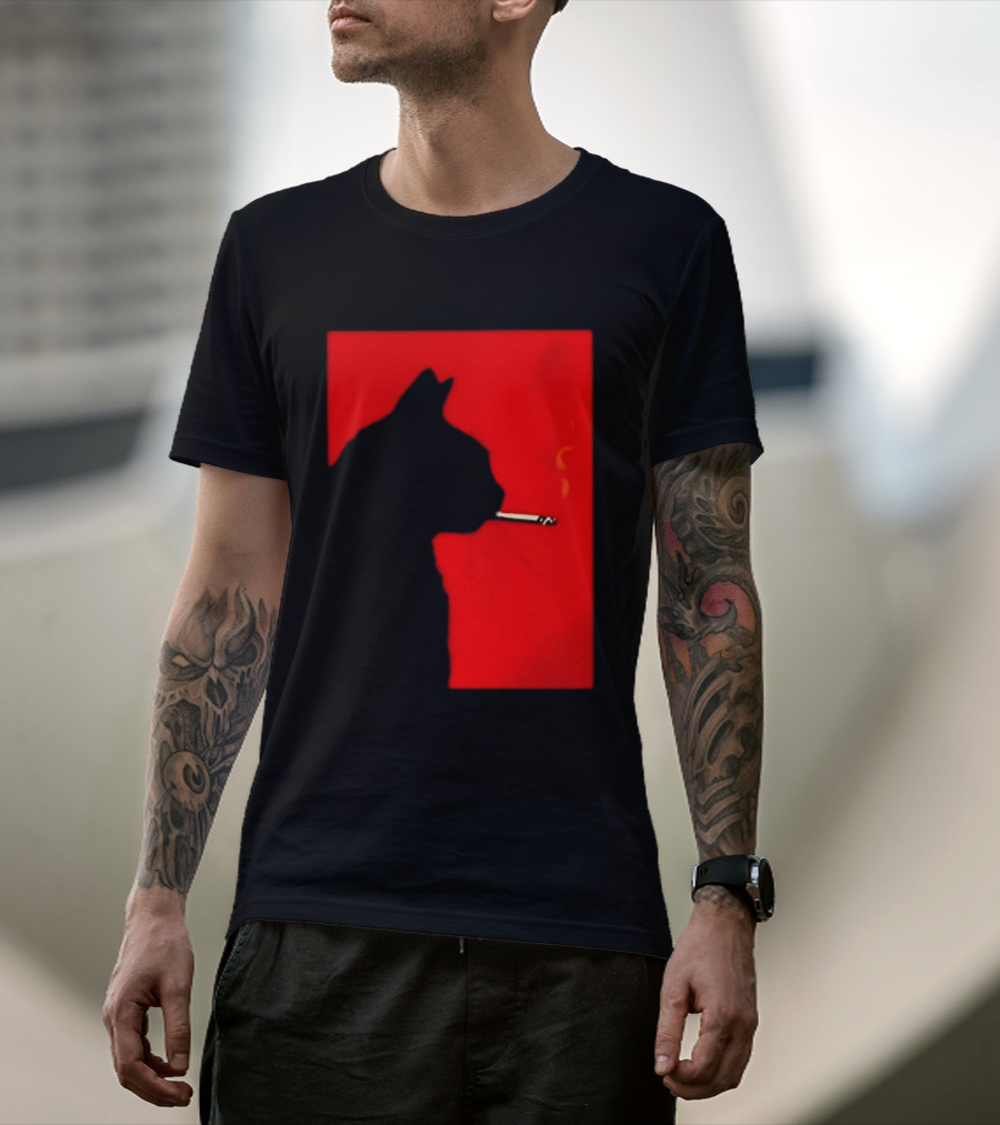 Black Cat Silhouette With Cigarette On Red T-Shirt