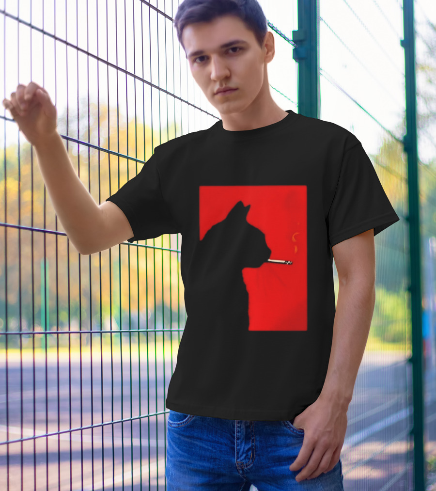 Black Cat Silhouette With Cigarette On Red T-Shirt