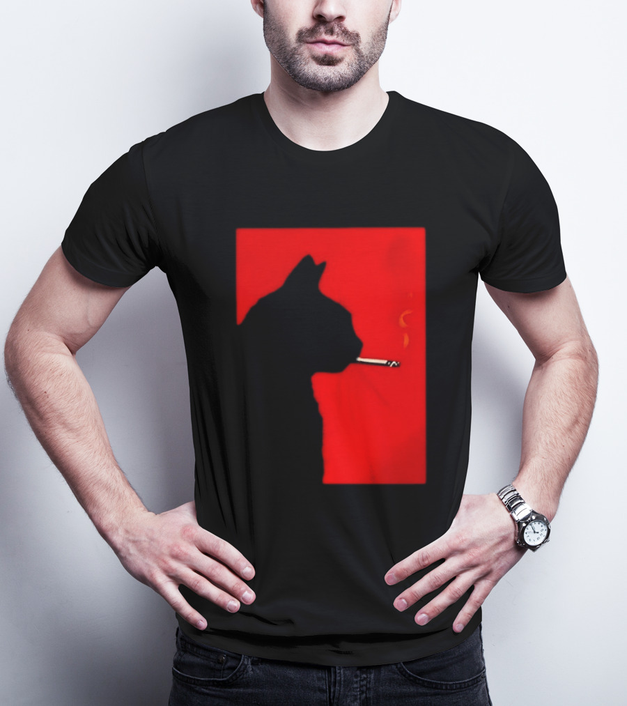 Black Cat Silhouette With Cigarette On Red T-Shirt