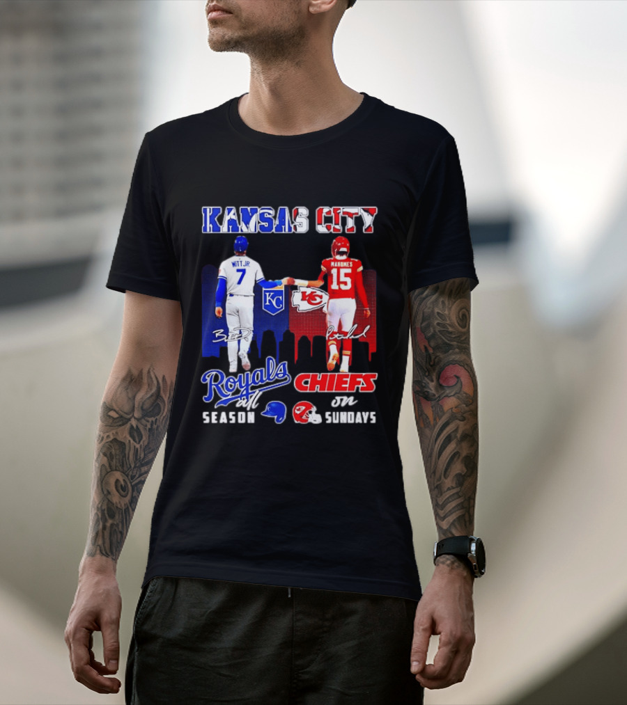 Kansas City Royals And Chiefs Bobby Witt Jr Patrick Mahomes NFL MLB All Season Sundays T-Shirt