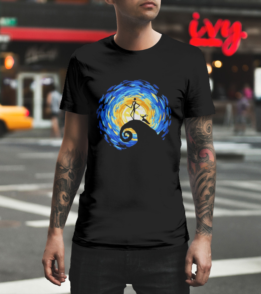 Jack Skellington Zero Halloween Starry Night Scene Inspired By Van Gogh T-Shirt