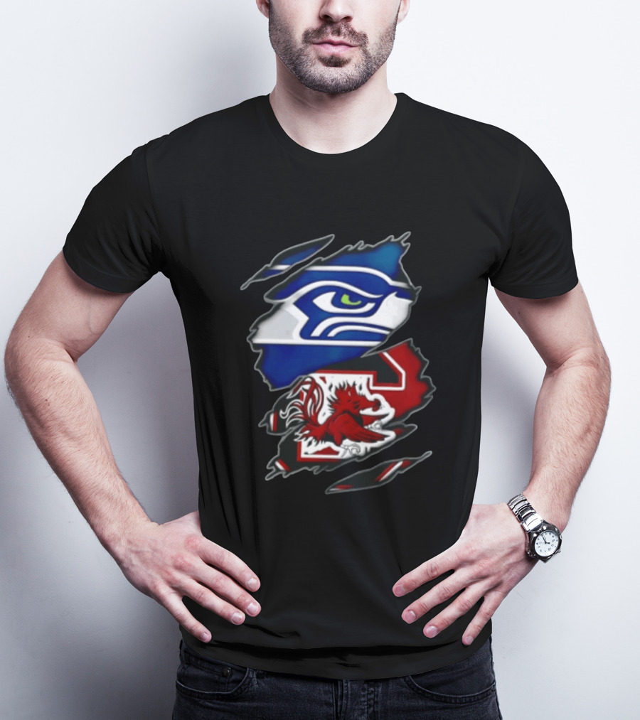Seattle Seahawks South Carolina Gamecocks Torn Fabric Reveal Team Logos T-Shirt