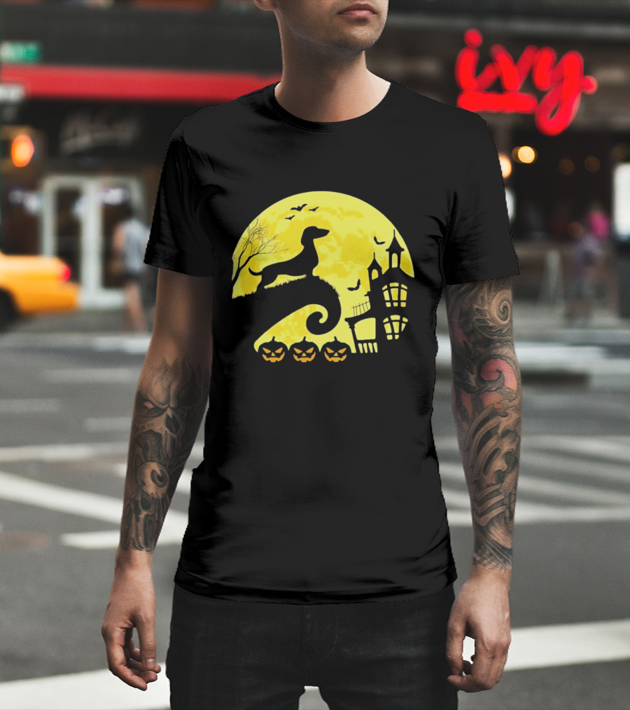 Dachshund Halloween Moon Spooky Night With Pumpkins T-Shirt