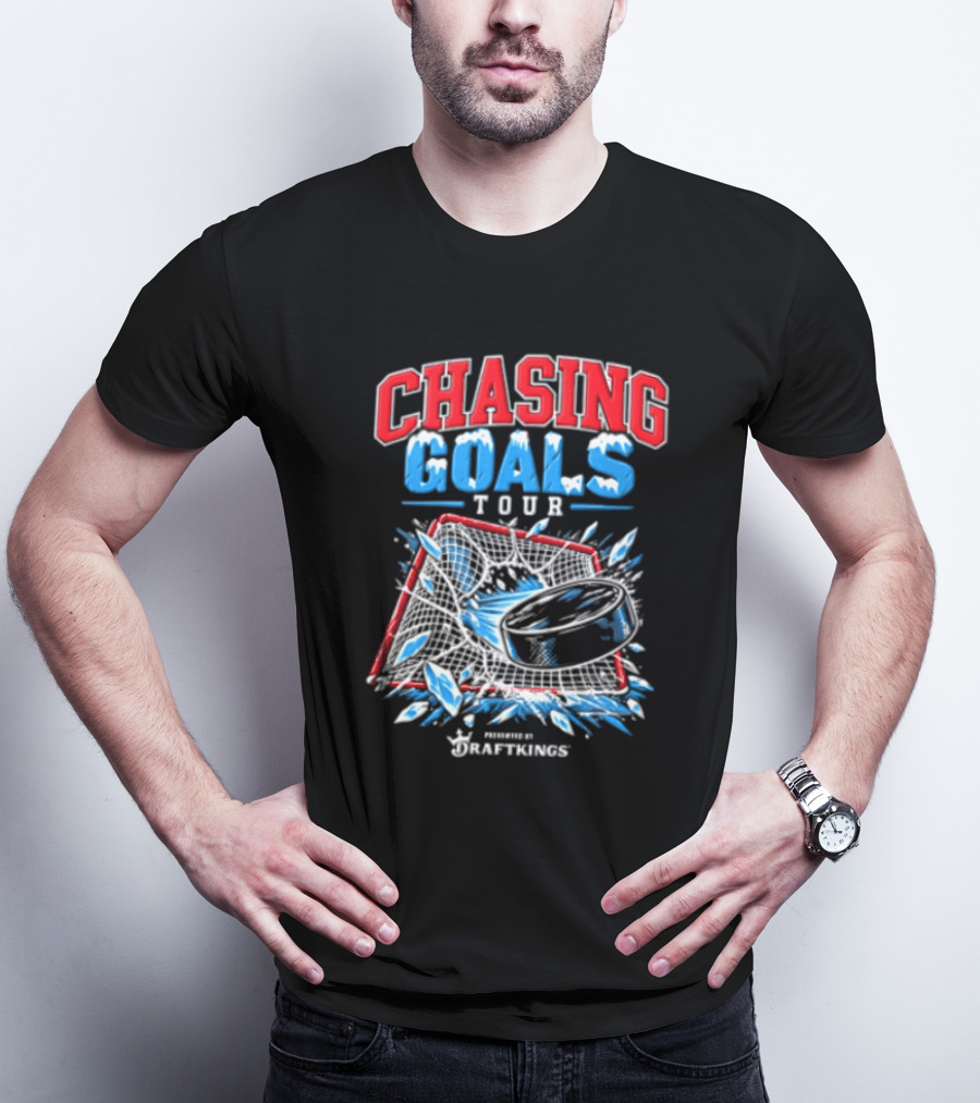 DraftKings Chasing Goals Tour Hockey Puck Crashing Into Net T-Shirt