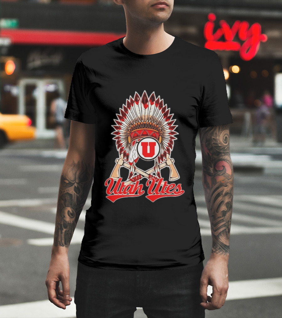 Utah Utes Headdress And Tomahawks Logo With Red And White U T-Shirt