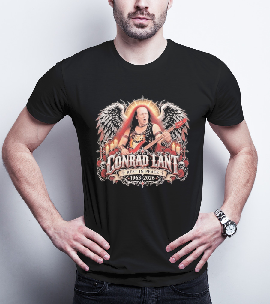 Rest In Peace Conrad Lant 1963 2026 Winged Bass Legend Candle Roses Skulls T-Shirt