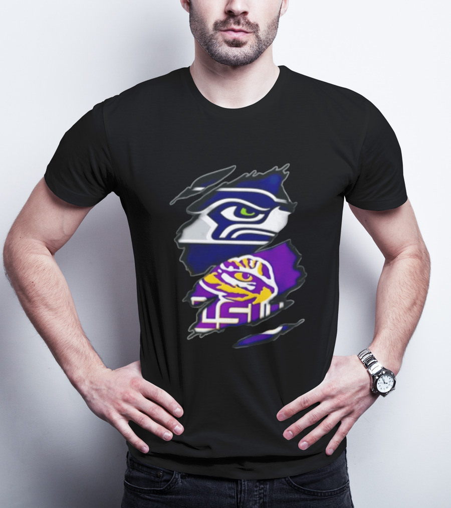Seattle Seahawks Louisiana State University Ripped Fabric Reveal Seahawks Tiger Eye T-Shirt