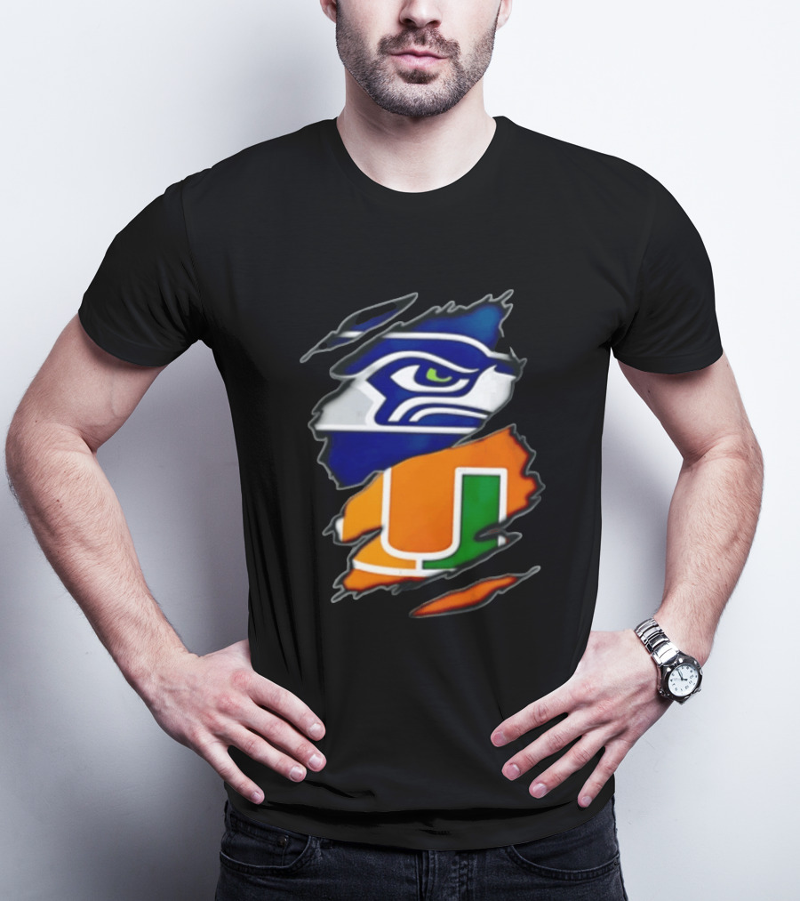 Seattle Seahawks Miami Hurricanes Torn Fabric Reveal Team Logos T-Shirt