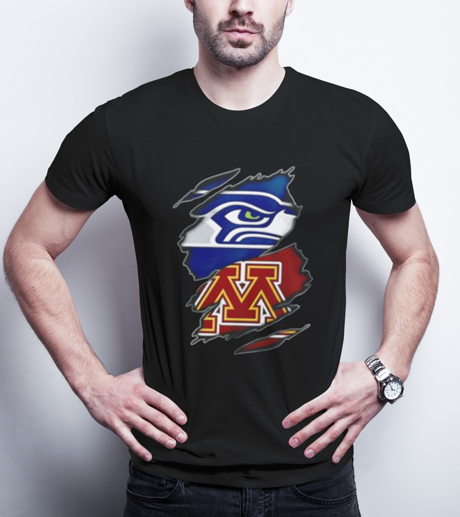 Seattle Seahawks Minnesota Golden Gophers Torn Fabric Reveal Team Emblems T-Shirt