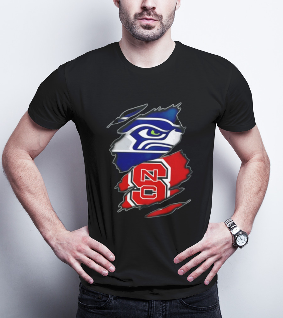 Seattle Seahawks North Carolina State Wolfpack Torn Fabric NFL NCAA Team T-Shirt