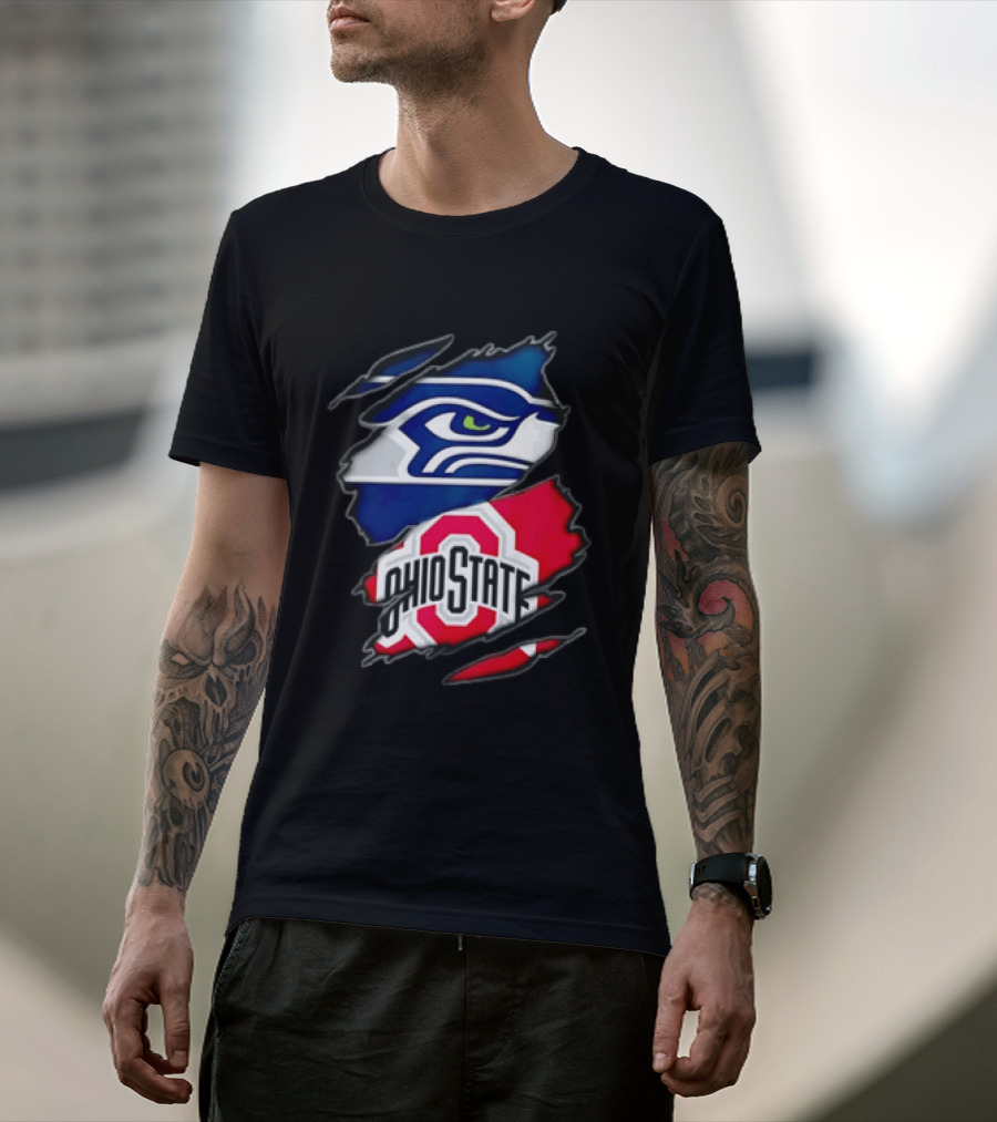 Seattle Seahawks Ohio State Buckeyes Torn Fabric Effect Team Logos T-Shirt
