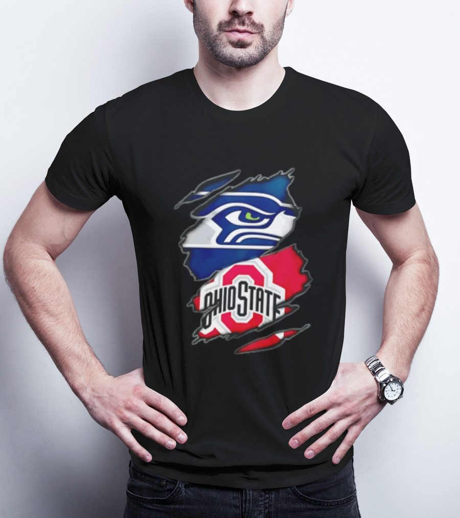 Seattle Seahawks Ohio State Buckeyes Torn Fabric Effect Team Logos T-Shirt