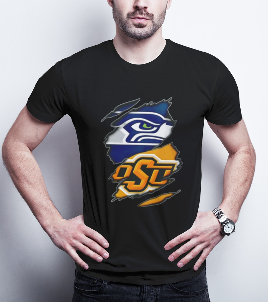 Seattle Seahawks Oklahoma State Cowboys Torn Fabric Reveal Sports T-Shirt