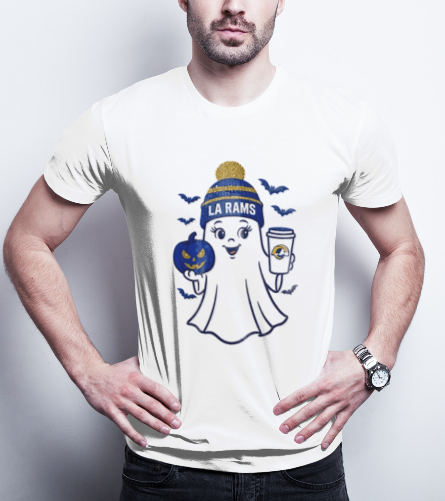 Los Angeles Rams Beanie Ghost Holding Pumpkin And Coffee Halloween T-Shirt