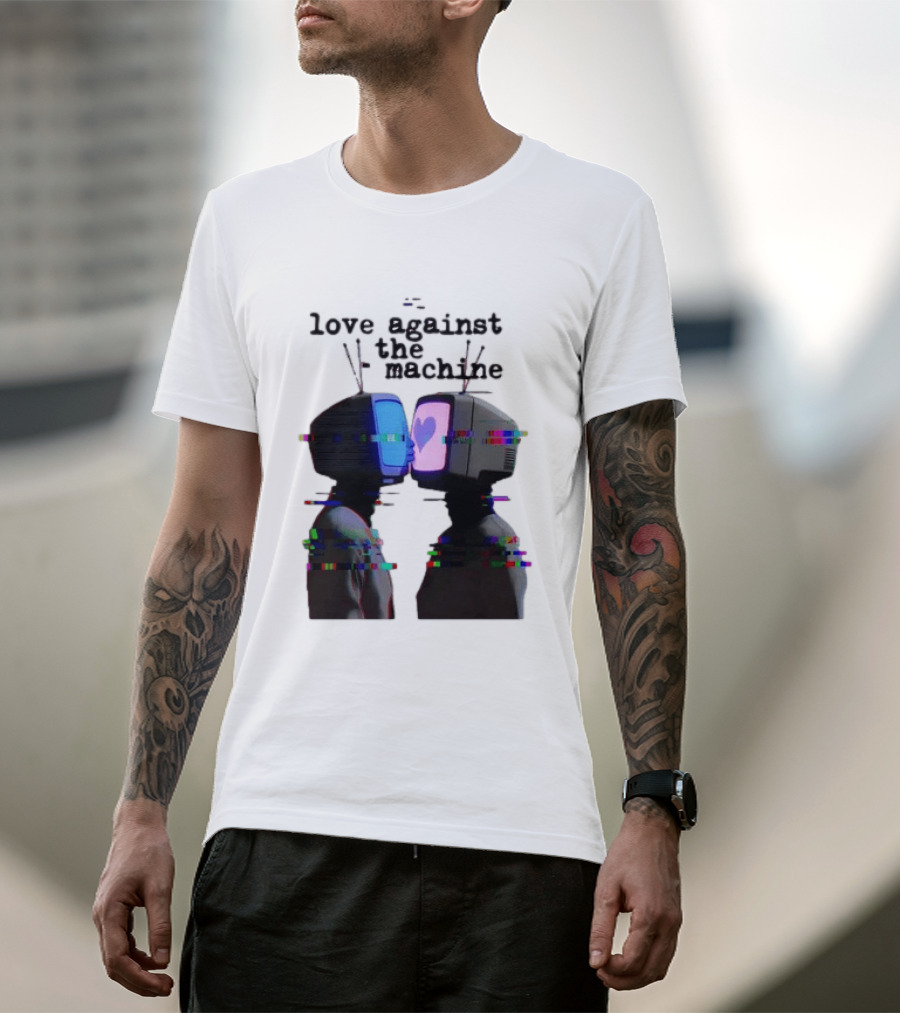 Love Against The Machine Two Television Heads Kissing Glitch Heart T-Shirt
