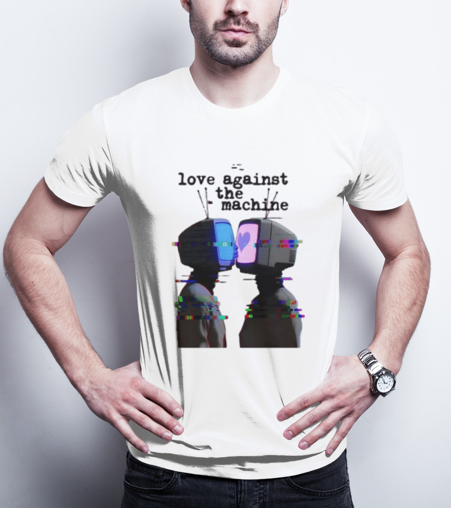 Love Against The Machine Two Television Heads Kissing Glitch Heart T-Shirt
