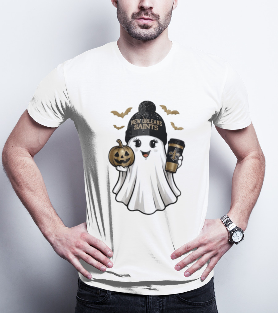 New Orleans Saints Ghost Beanie Pumpkin Coffee Halloween T-Shirt