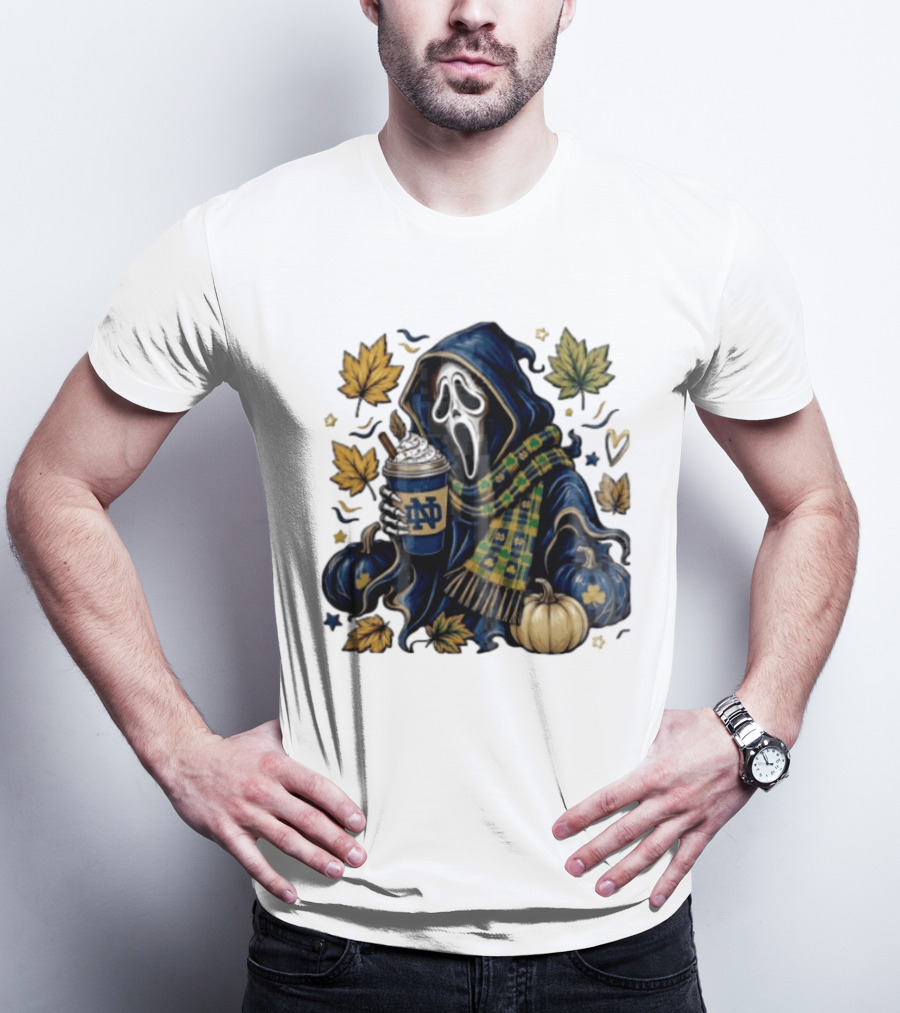 Notre Dame Ghostface Holding Coffee Autumn Leaves Pumpkins T-Shirt