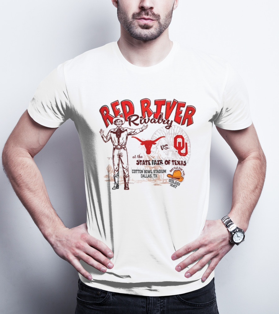Red River Rivalry Texas Longhorns Vs Oklahoma Sooners State Fair Of Texas Vintage Cowboy Ferris Wheel Iconic Showdown T-Shirt