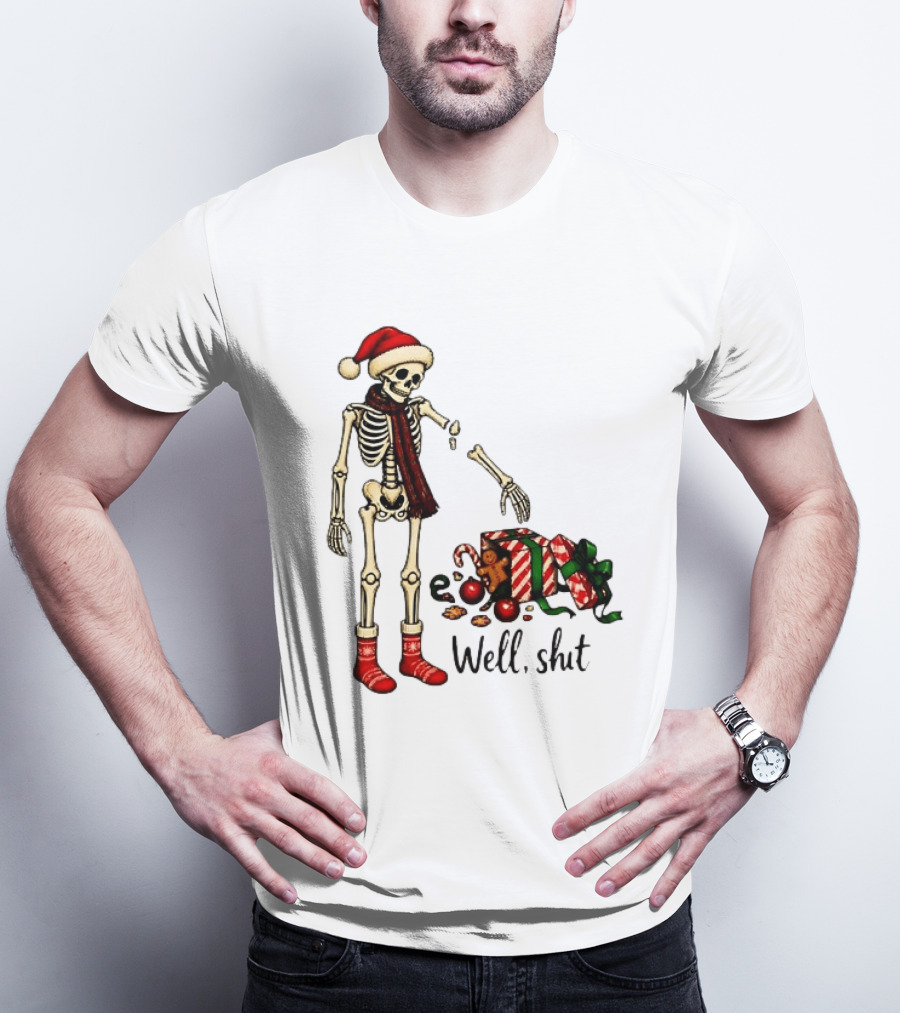 Well Shit Christmas Skeleton Gingerbread Man Santa Hat T-Shirt