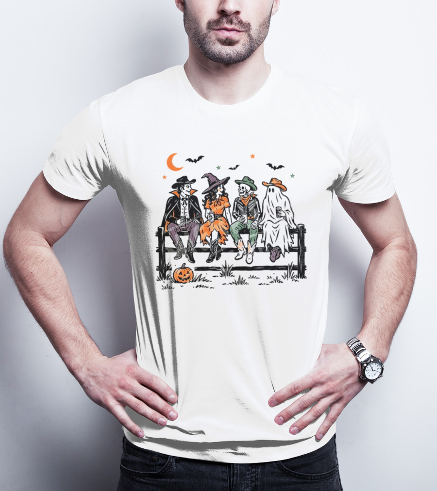 Witch Skeleton Ghost Vampire Western Halloween Scene With Pumpkins And Bats T-Shirt