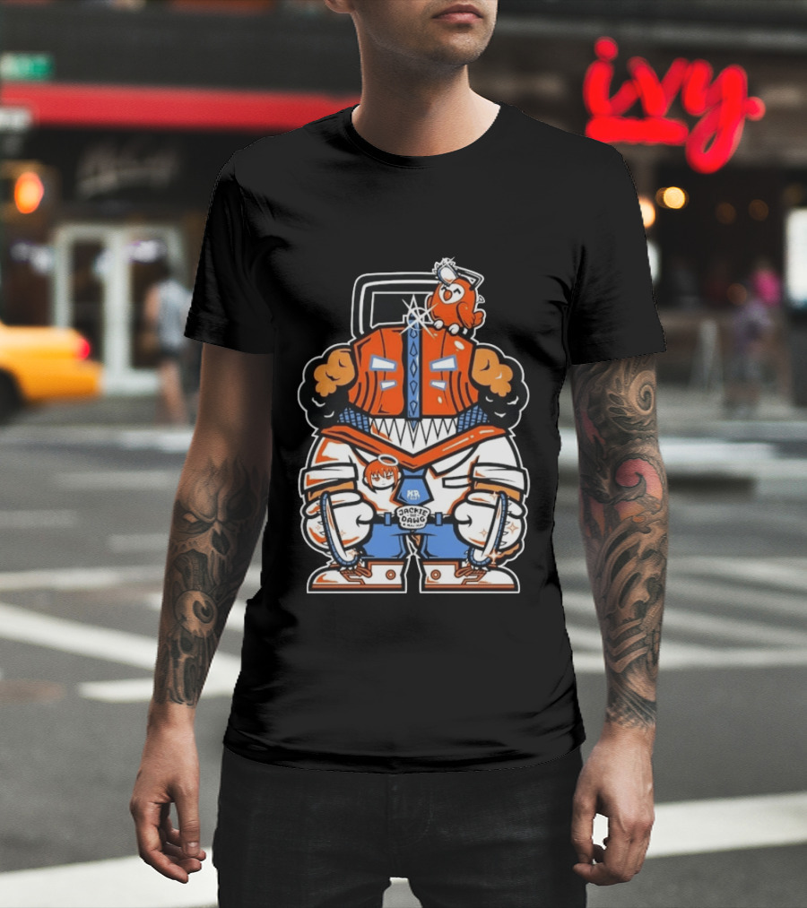 Jackie The Dawg Mau Mau Chainsaw Robot Cartoon Character With Bird T-Shirt