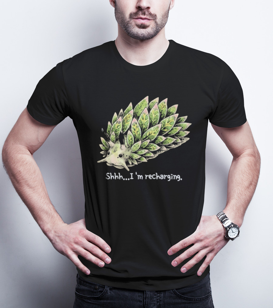 Leaf Sheep Sea Slug Shhh I'm Recharging Green Pink Cute Sea Creature T-Shirt