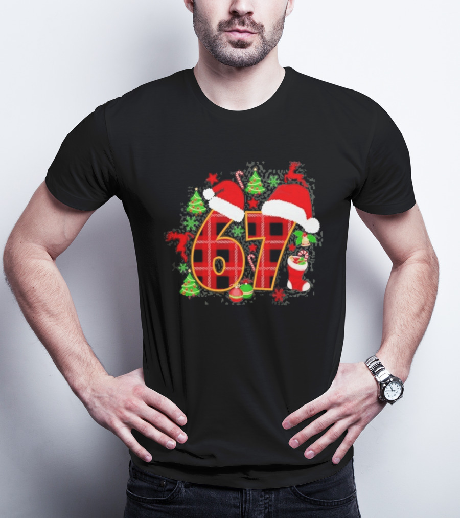 67 Christmas Plaid With Santa Hats And Festive Decorations T-Shirt