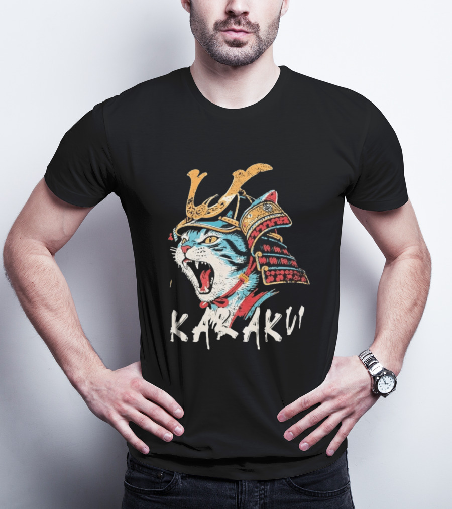 Karaku Distressed Samurai Cat With Helmet And Snarling Expression T-Shirt