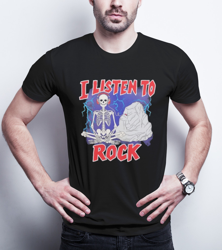 I Listen To Rock Skeleton Headphones Music T-Shirt