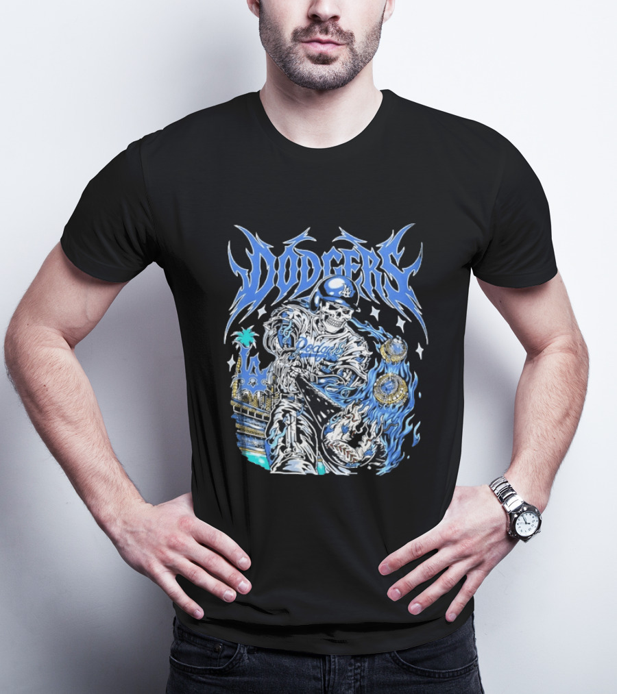 Los Angeles Dodgers Skeleton Player With Baseball Bat And Championship Rings T-Shirt